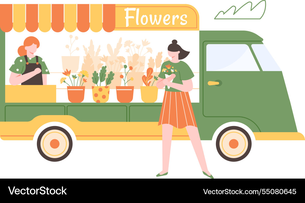 Florist operating a customized van selling Vector Image