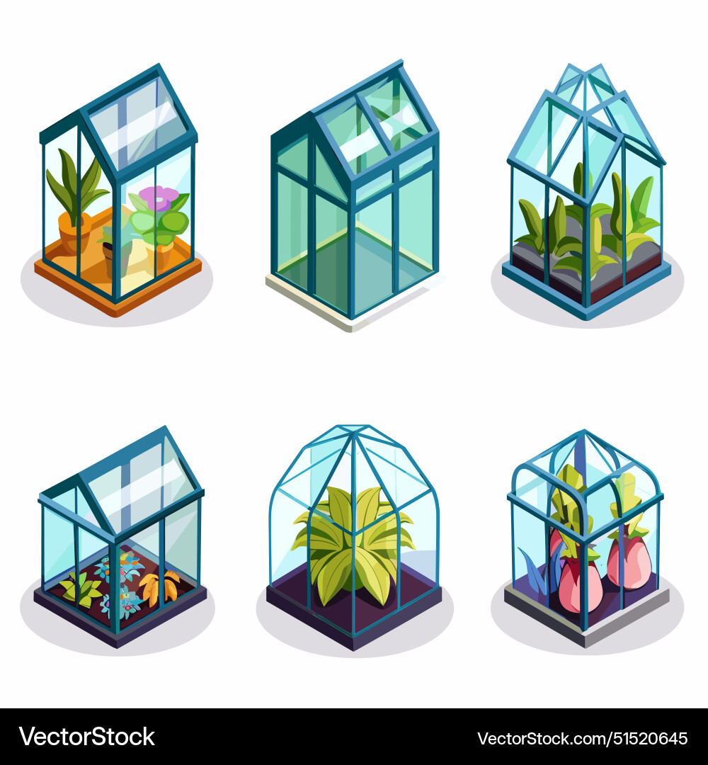Set six isometric greenhouse Royalty Free Vector Image