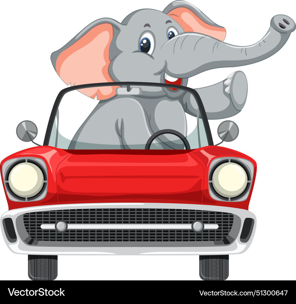 Cartoon elephant happily driving a classic car Vector Image