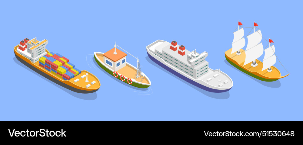 3d isometric flat set of maritime ships Royalty Free Vector