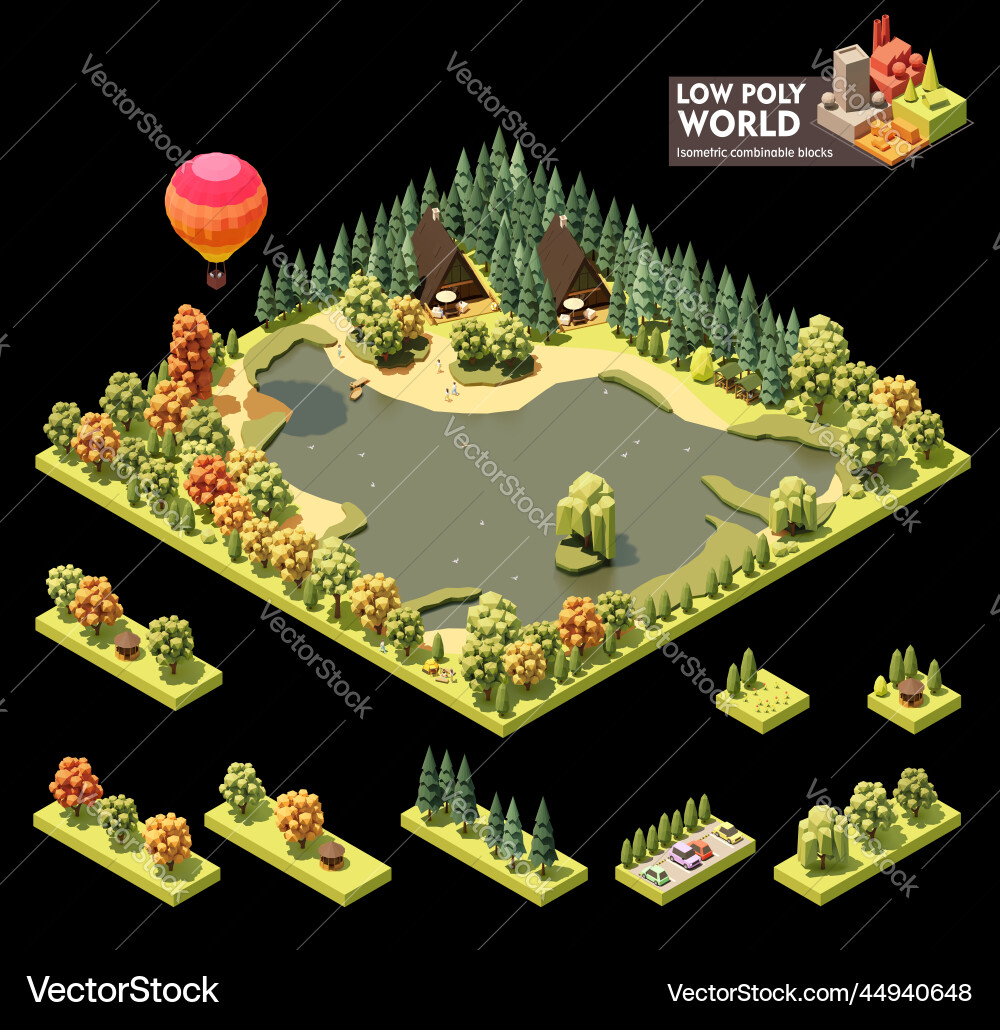 Isometric town map elements lake resort Royalty Free Vector