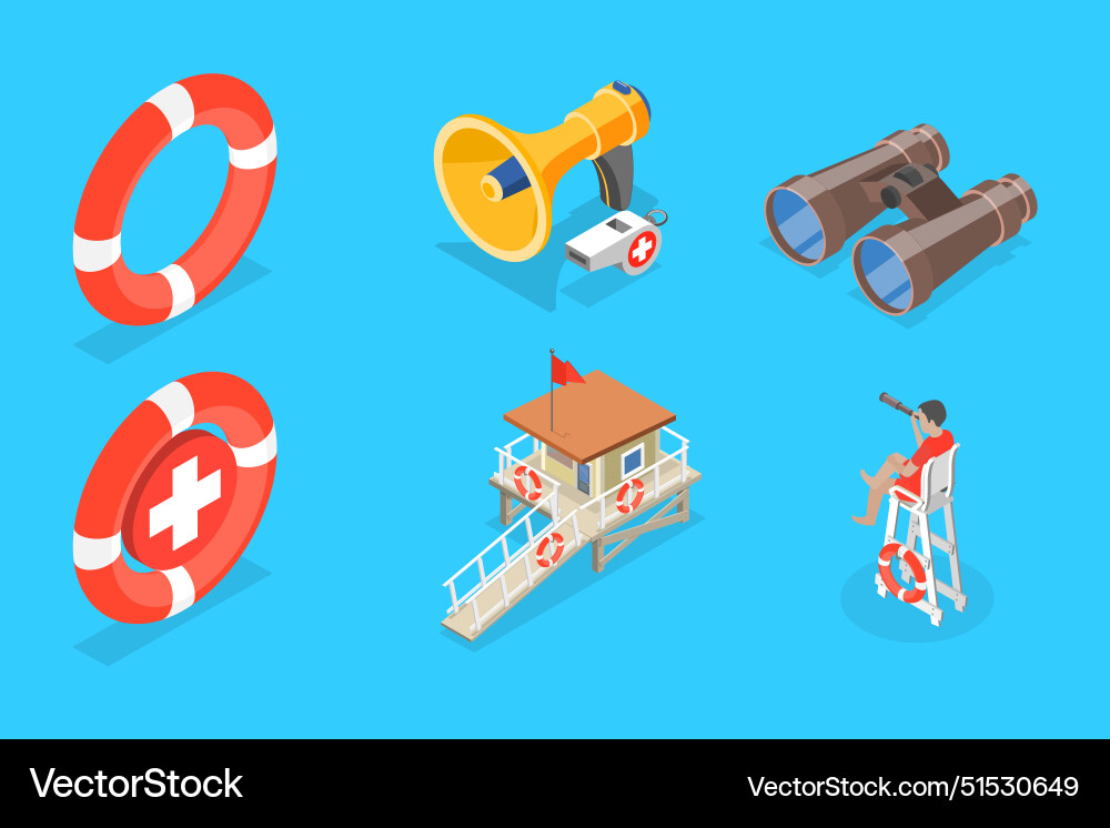 3d isometric flat set of beach lifeguard Vector Image