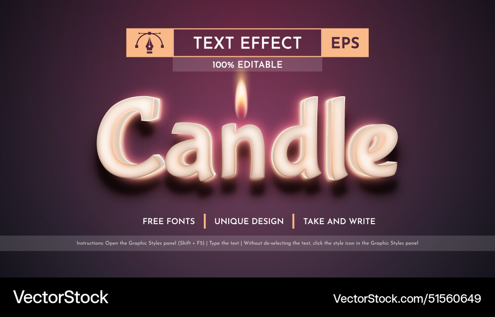 Candle - editable text effect font style Vector Image