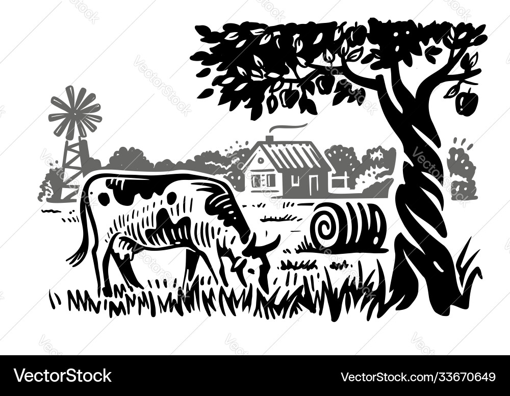Cow on background rustic landscape Royalty Free Vector Image
