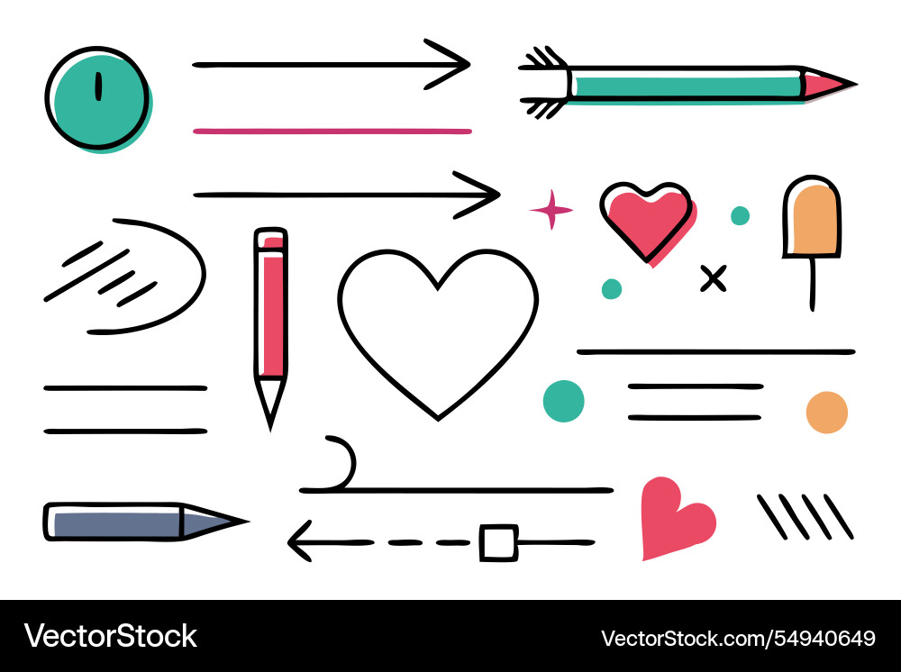 Marker underline arrow heart brush element set Vector Image