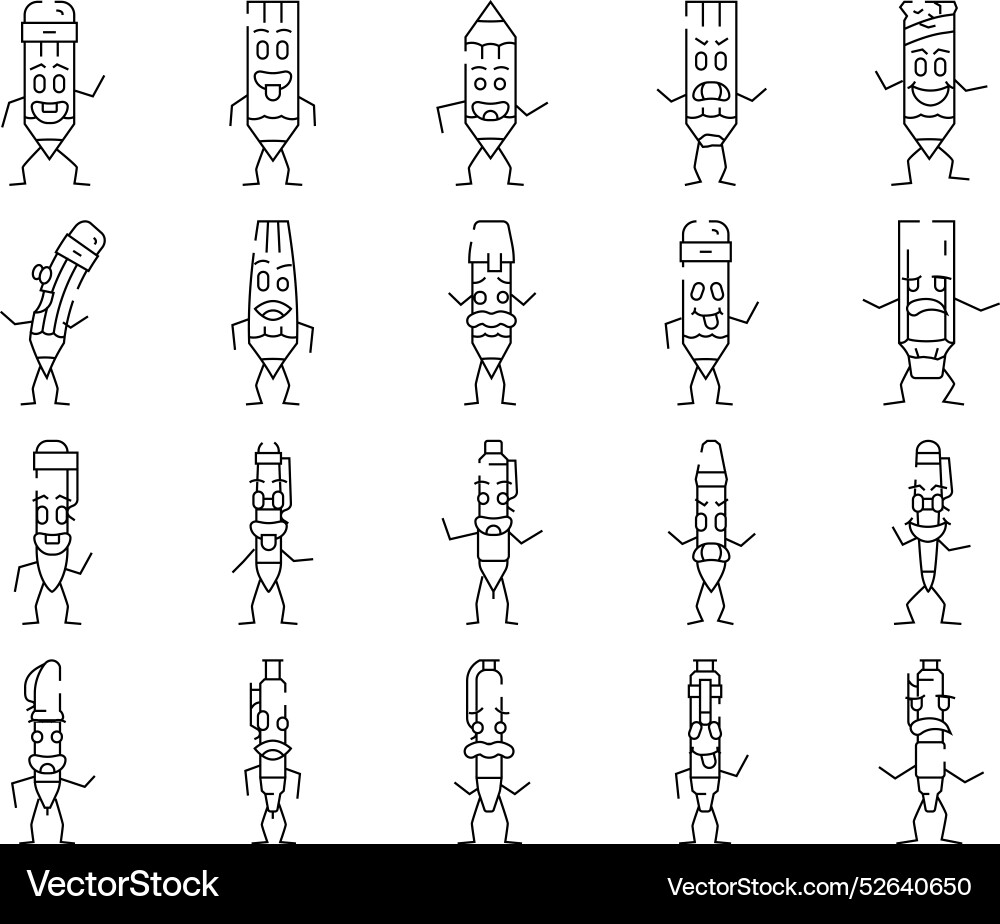 Pen character pencil school icons set Royalty Free Vector