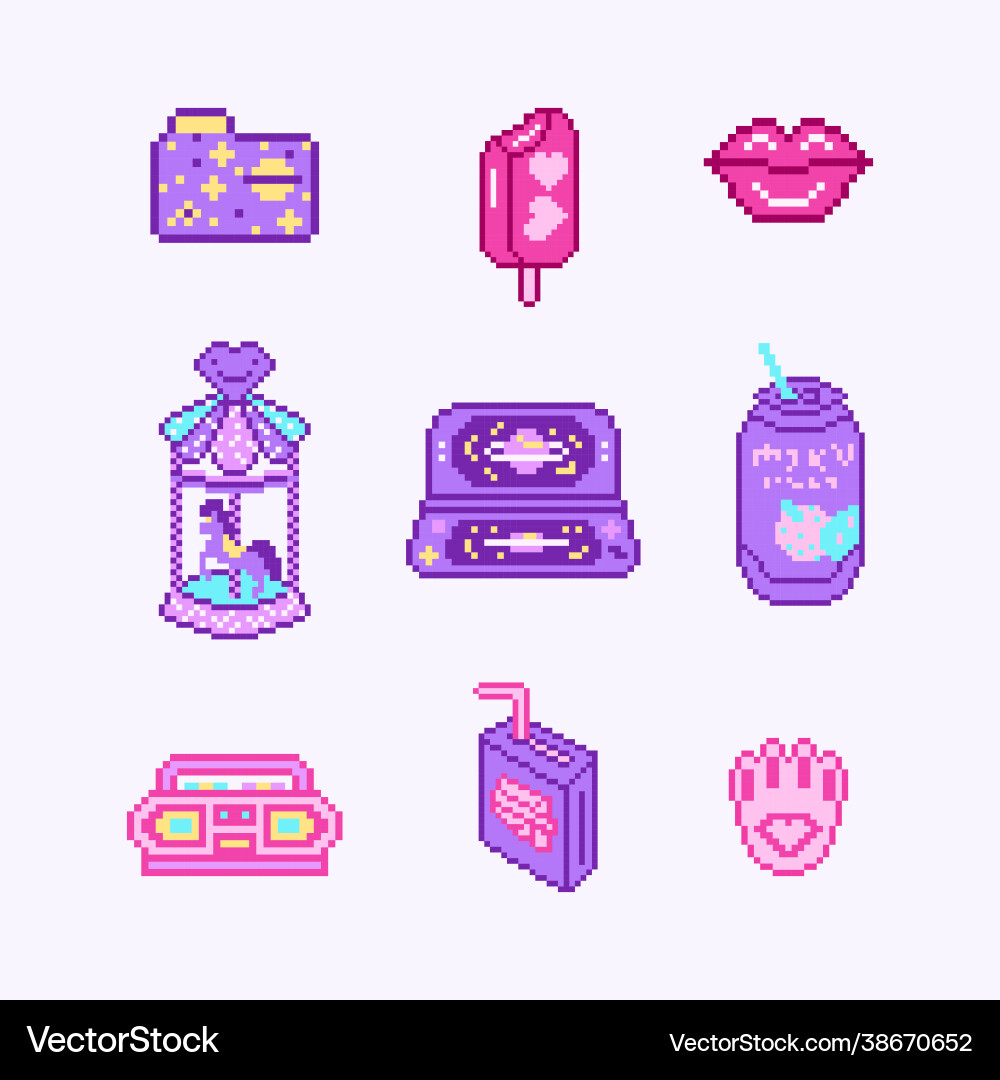 Pixel art 8 bit objects retro digital game assets Vector Image