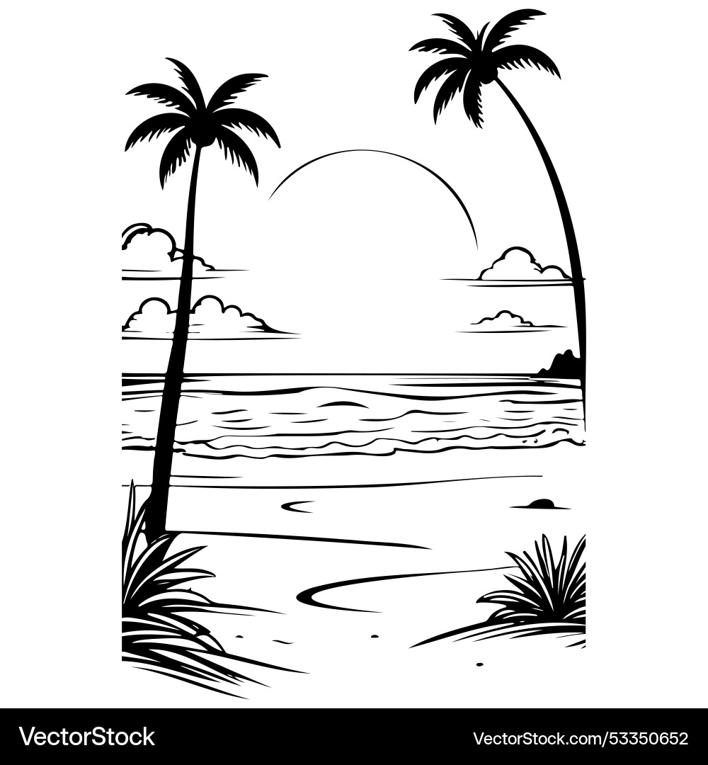 Realistic beach monochrome hand drawn line Vector Image