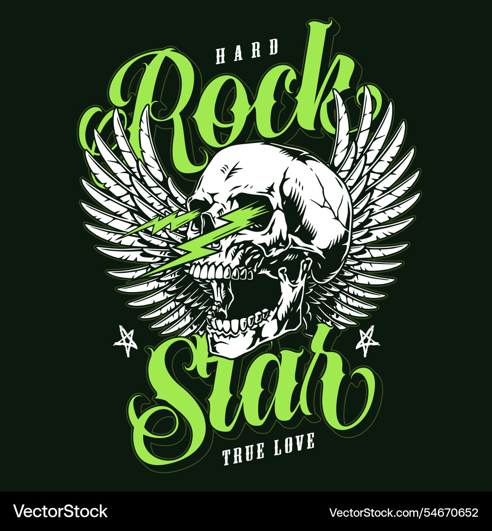Totenkopf-Design mit Flügeln und Rock Star-Thema Vektorbild