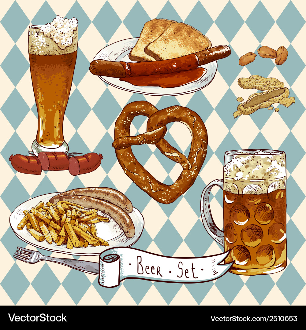 Bierset mit Brille Bretzel Wurst Lizenzfreies Vektorbild