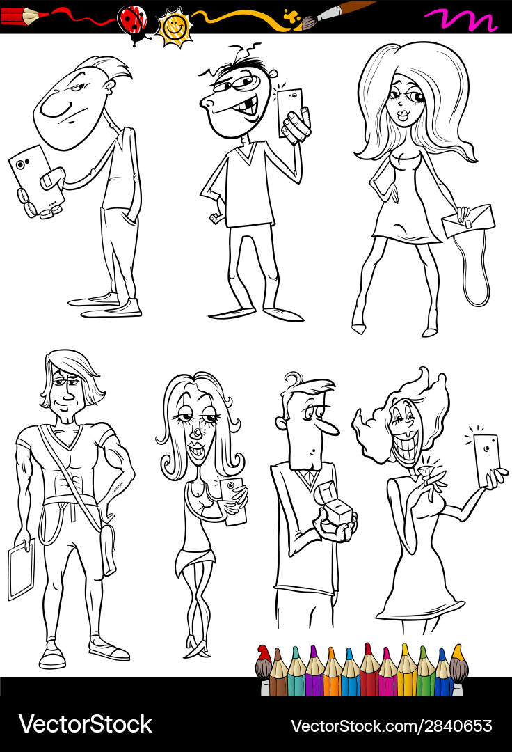 People set cartoon coloring page Royalty Free Vector Image