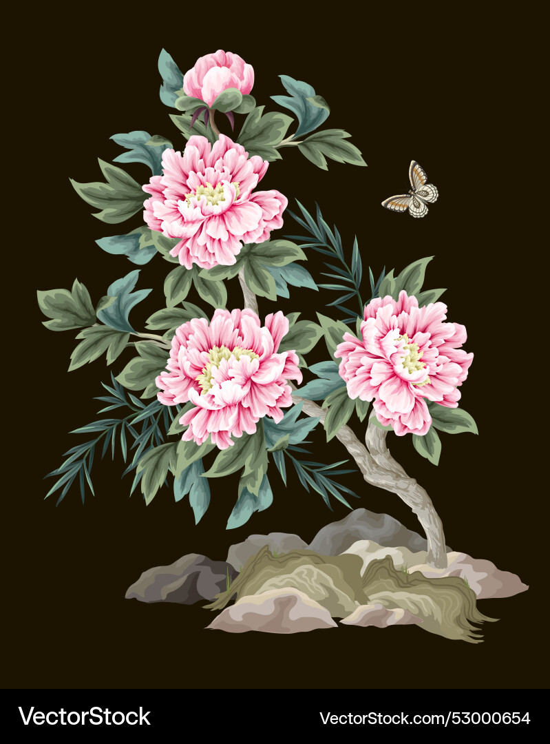 Chinese peonies and butterfly isolated Royalty Free Vector