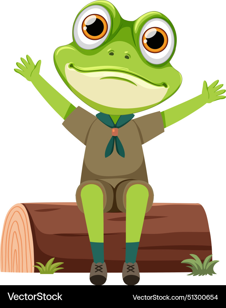 Frog scout sitting on a log arms raised Royalty Free Vector