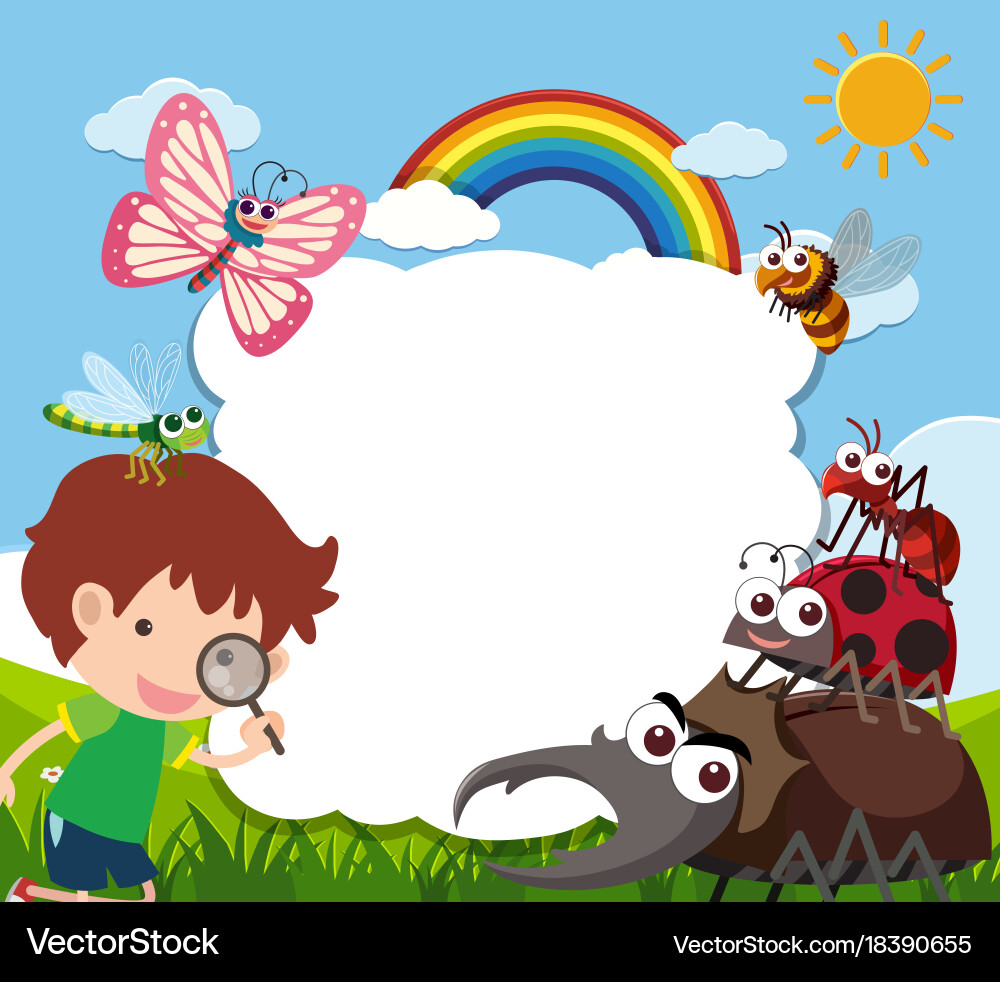 Border template with boy and many insects Vector Image