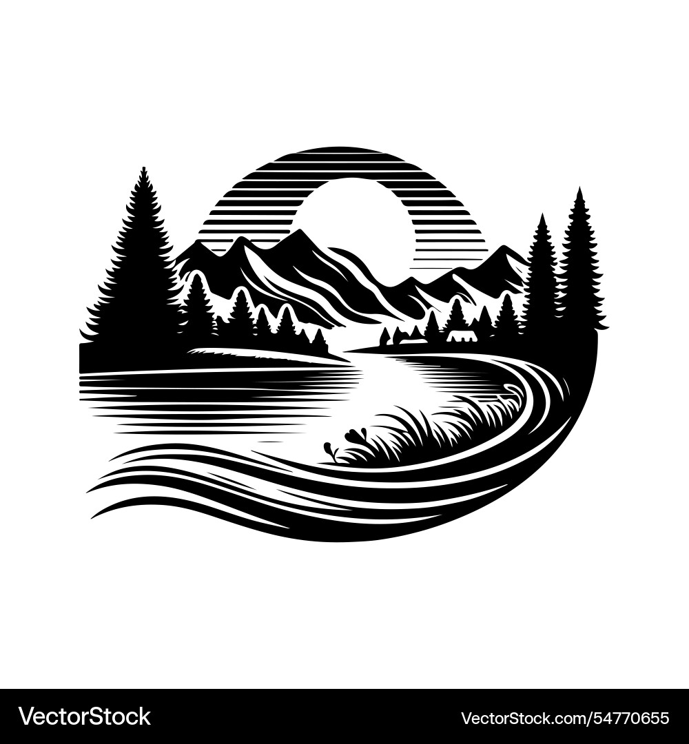 River retro vintage silhouette perfect Royalty Free Vector