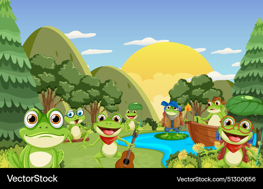 Frogs in nature with mountains and river Vector Image