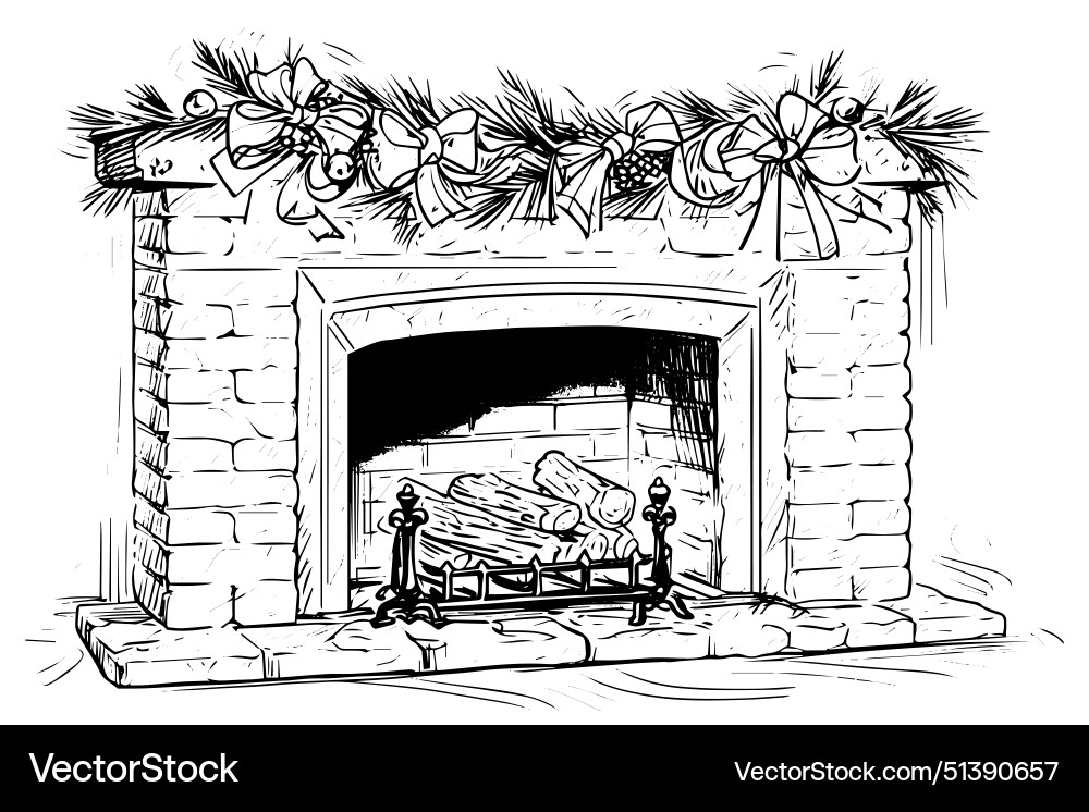 Fireplace with fire vintage sketch Royalty Free Vector Image