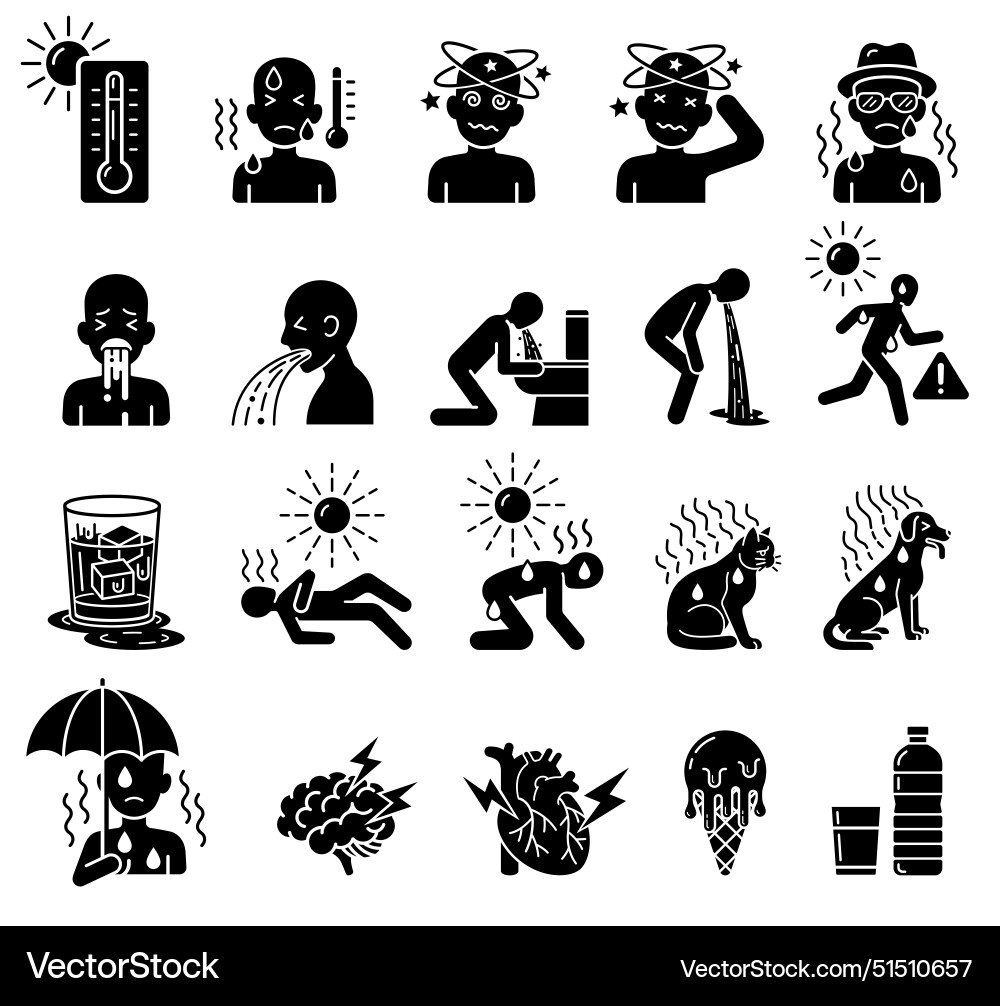 Heat stroke symptoms symbol icons set Royalty Free Vector
