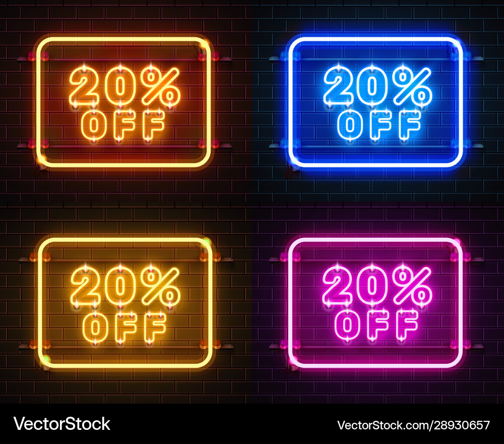Neon 20 off text banner color set night sign Vector Image