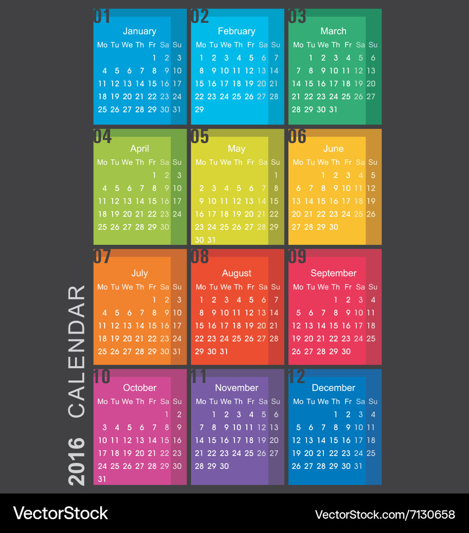 Calendar 2016 week starts monday Royalty Free Vector Image