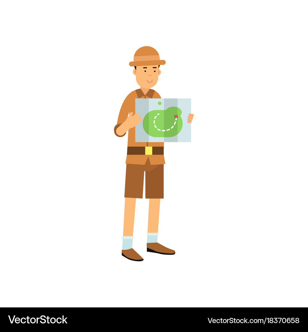 Cartoon archaeologist character studying the map Vector Image