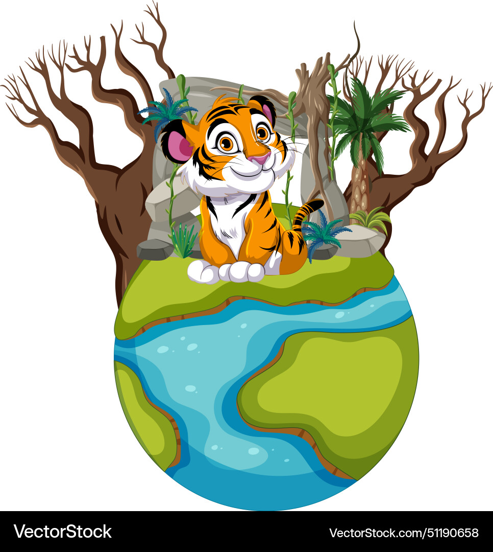 Colorful tiger sitting on a small globe with trees