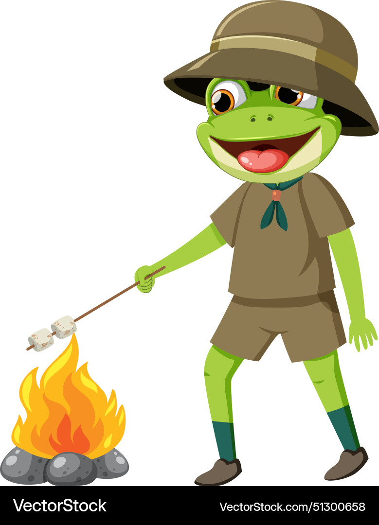 Frog scout roasting marshmallows over campfire Vector Image
