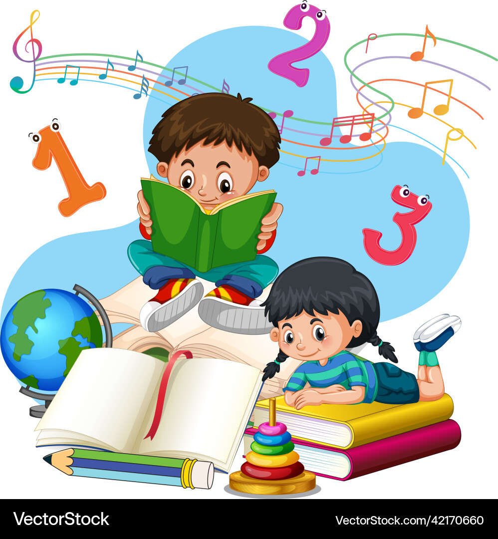 Boy and girl are reading books on a stack Vector Image