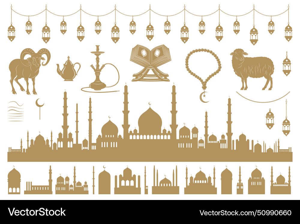 Gold arabic elements for islamic holidays ramadan Vector Image