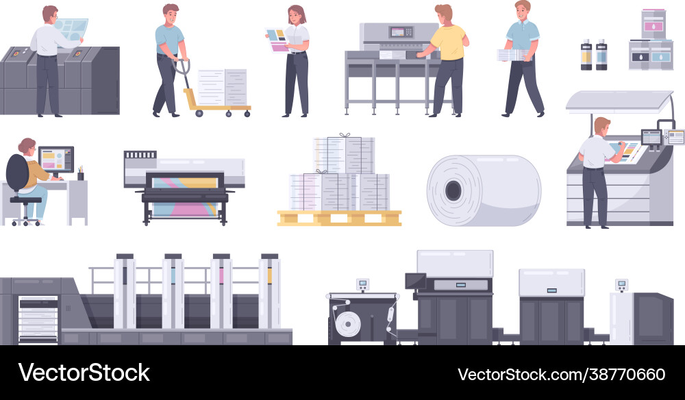 Printing house polygraphy cartoon icon set Vector Image