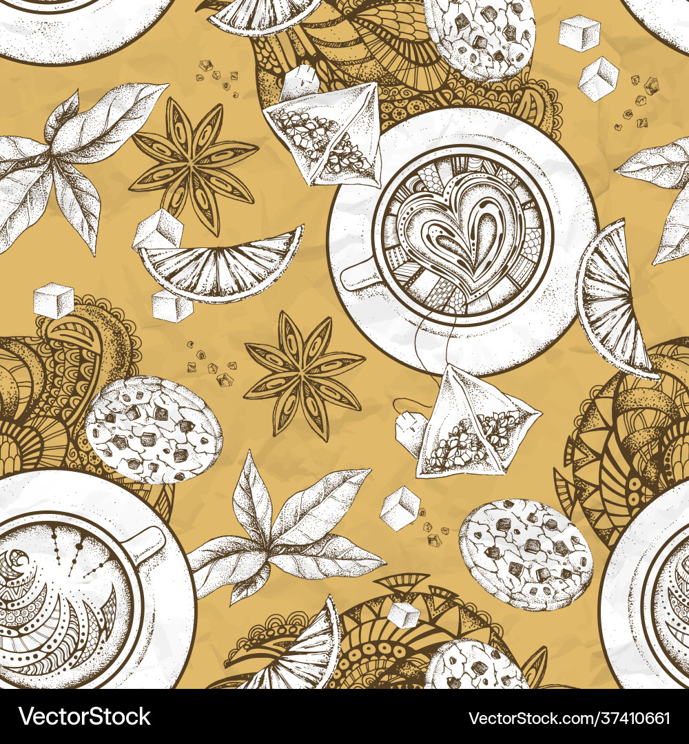 Seamless pattern with tea leaves lemon cups Vector Image
