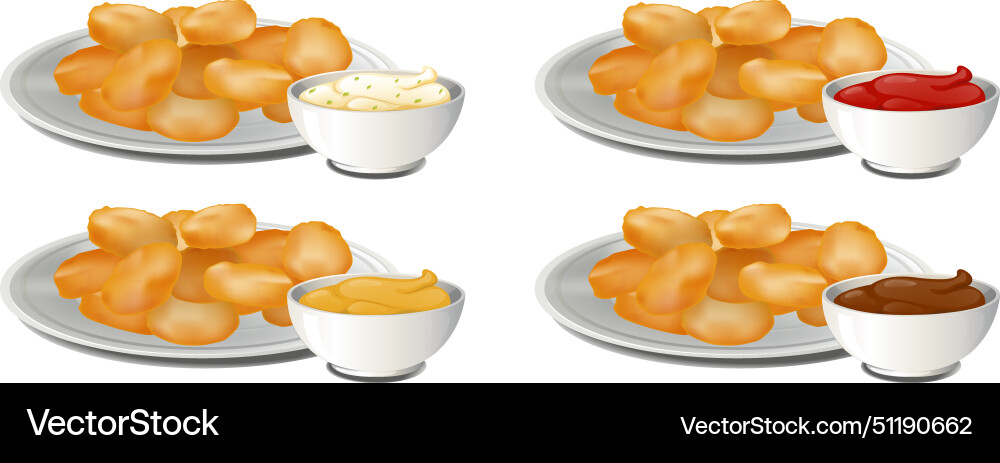 Four plates of nuggets with different dipping Vector Image