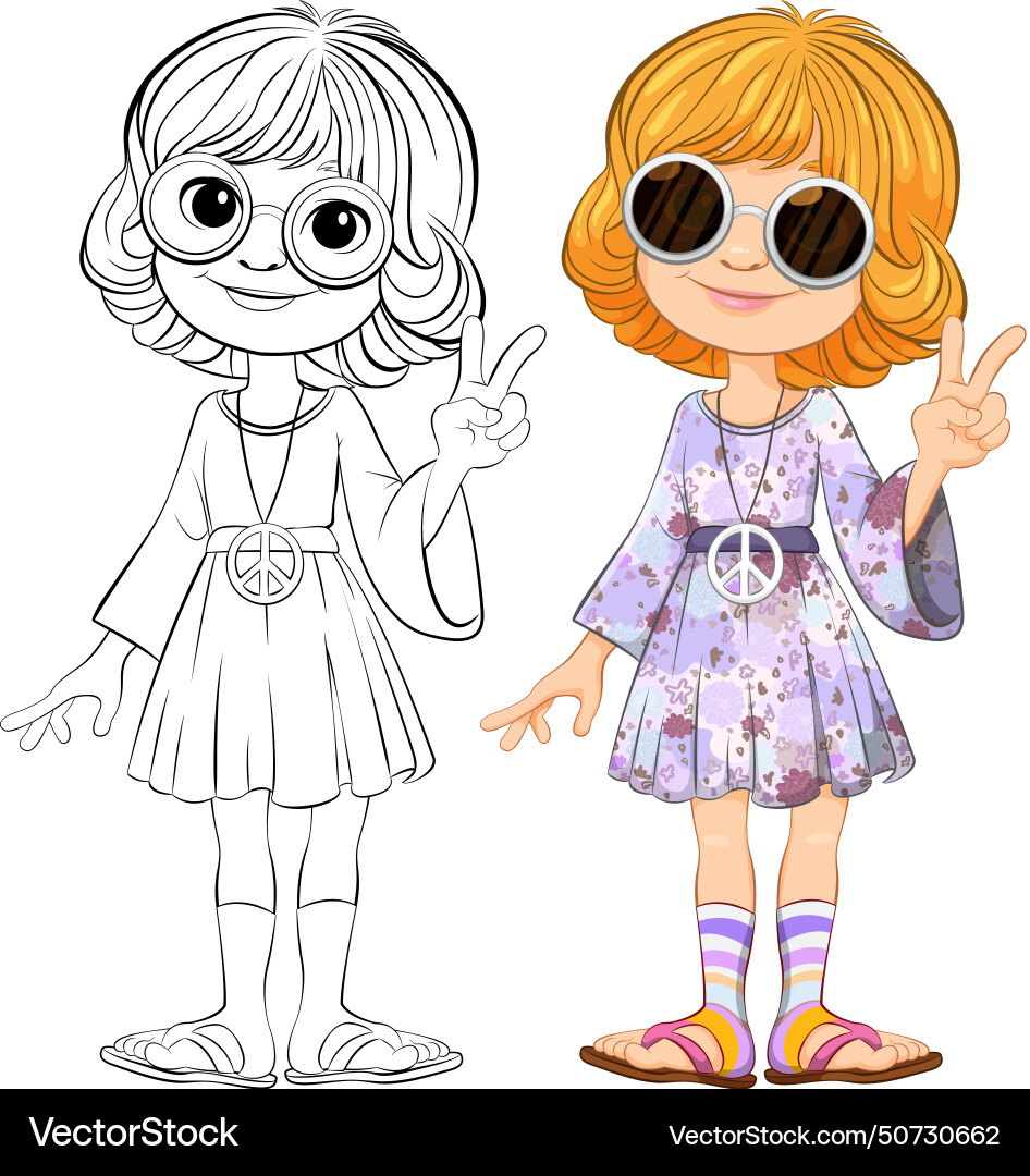 Girl with peace sign colored and outlined Vector Image
