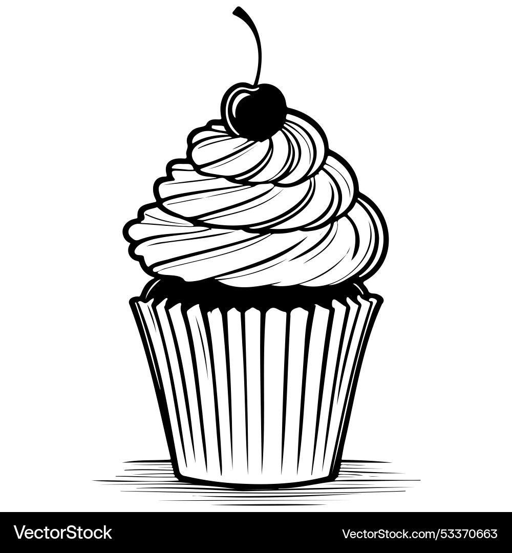 Cupcake monochrome outline drawing realistic Vector Image