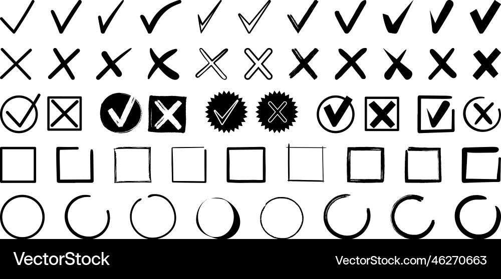 Doodle check marks hand drawn symbols Royalty Free Vector