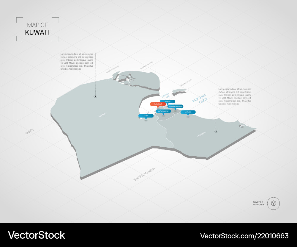 Isometric kuwait map with city names Royalty Free Vector