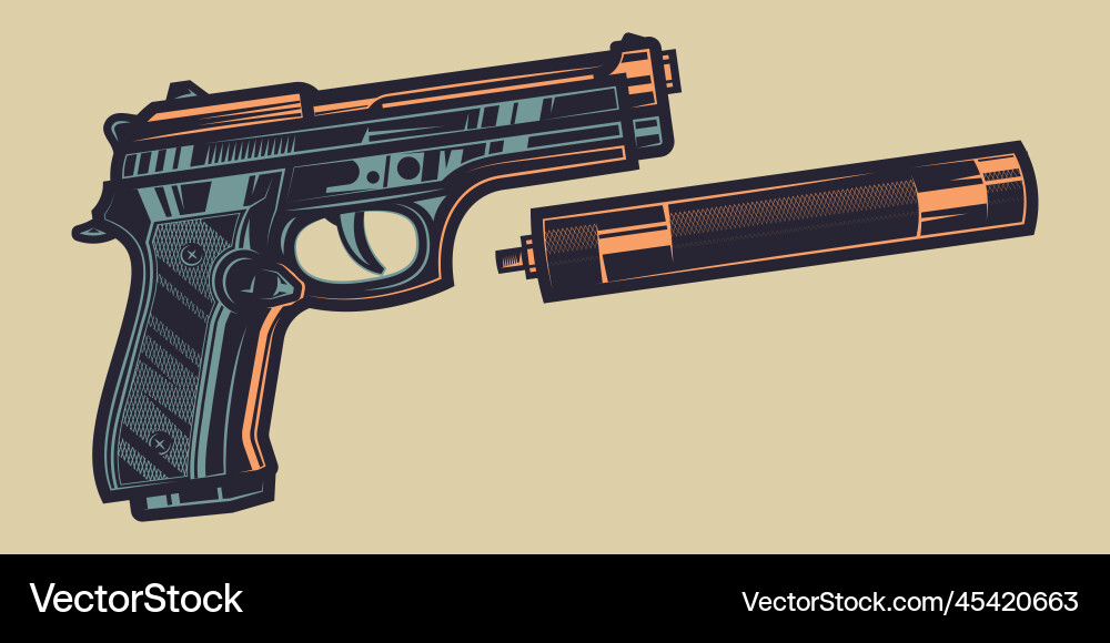 Pistol with unfastened silencer in vintage style Vector Image