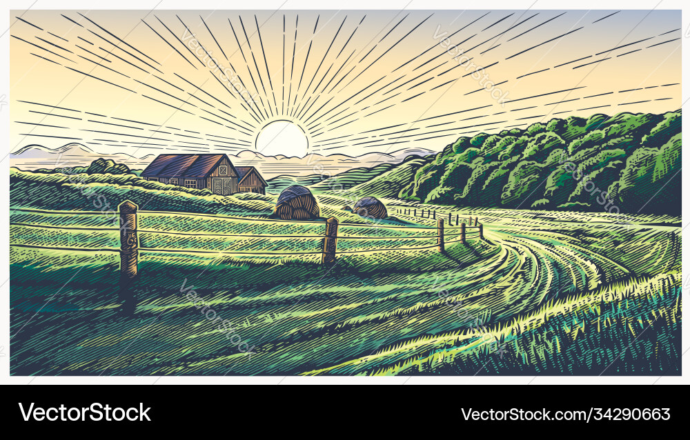 Rural Village Engraving Landscape Royalty Free Vector Image