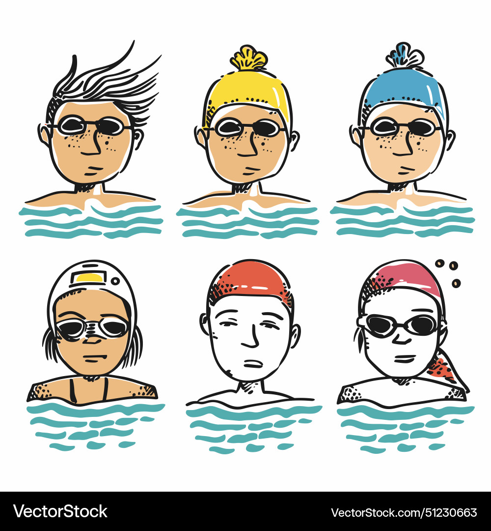 Six swimmers different hairstyles swim caps Vector Image