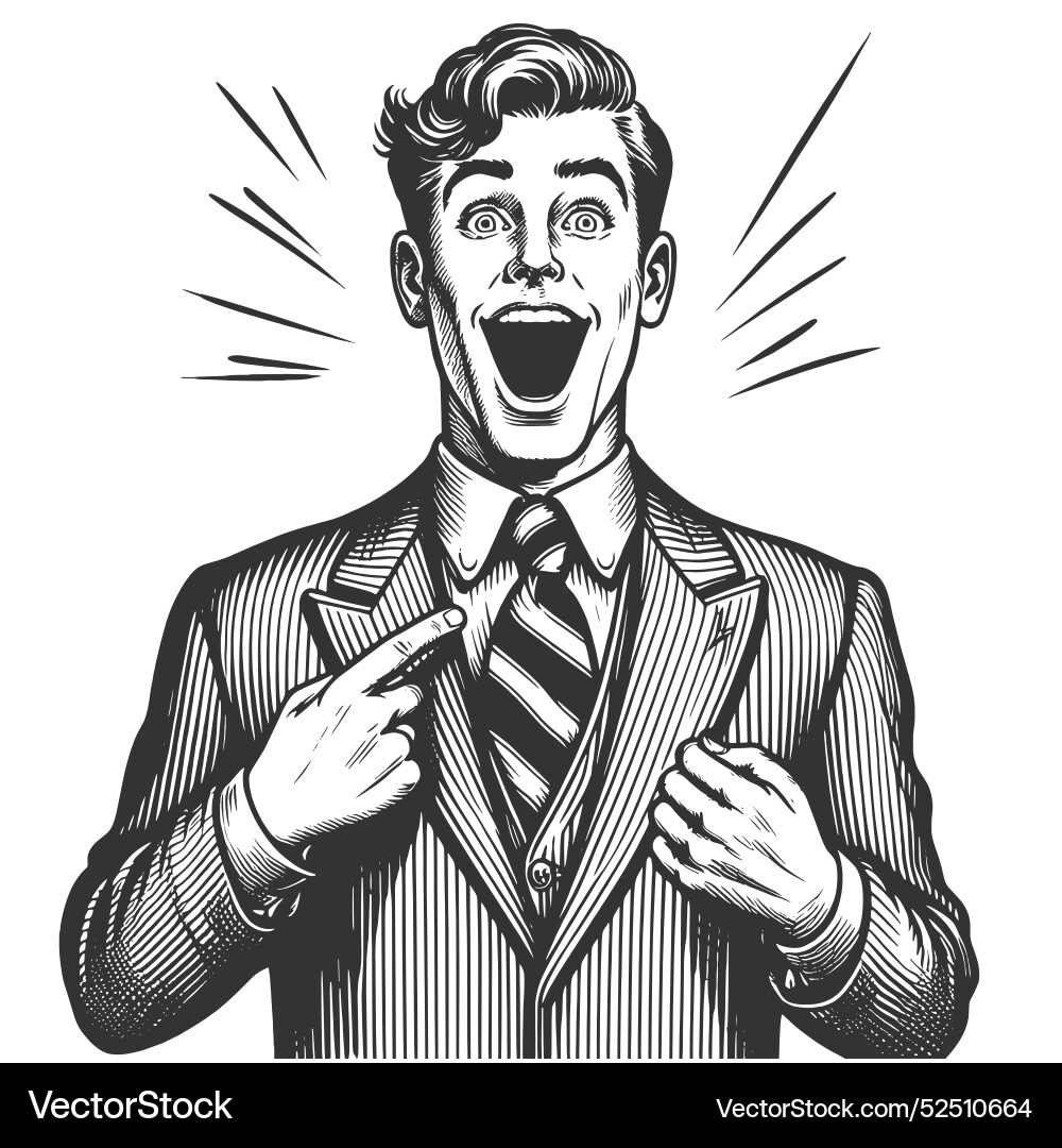 Excited retro man pointing at himself Royalty Free Vector