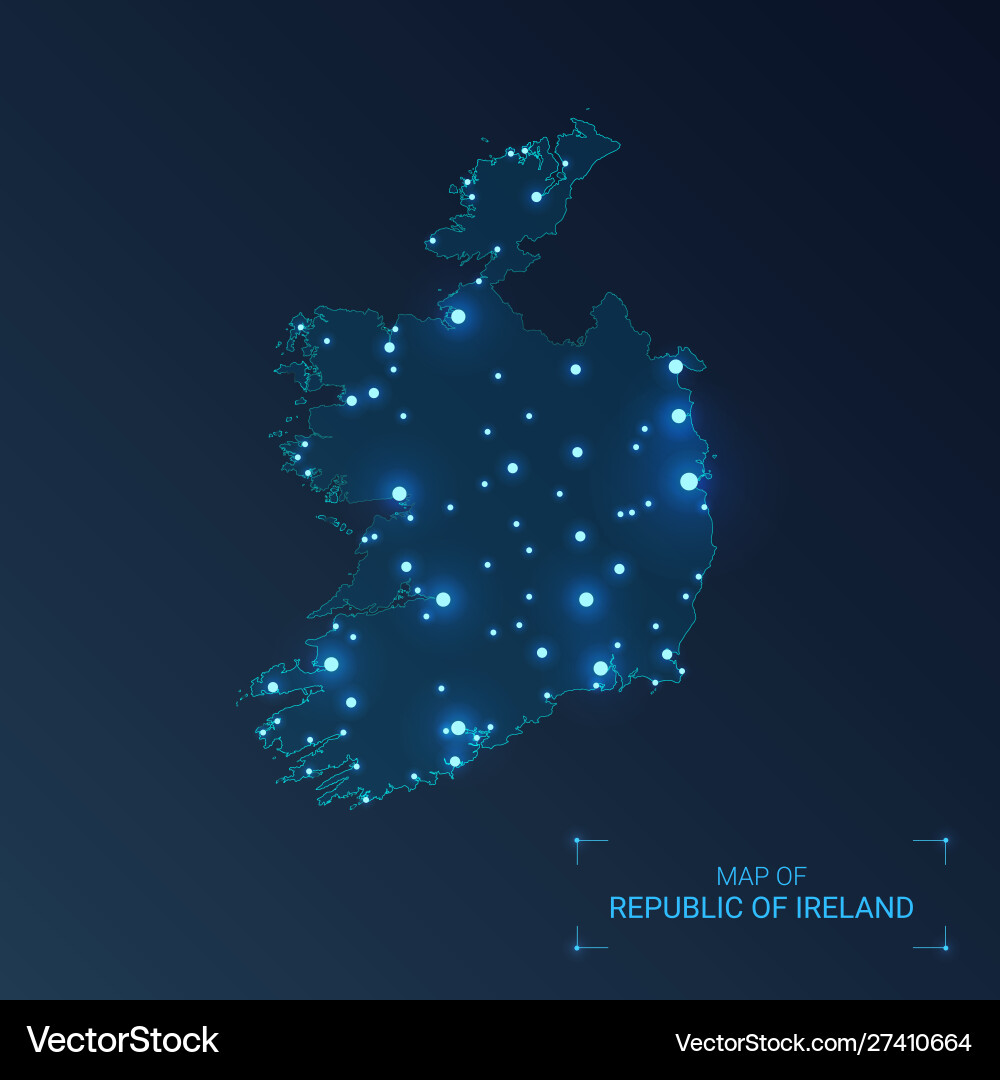 Ireland map with cities luminous dots - neon Vector Image
