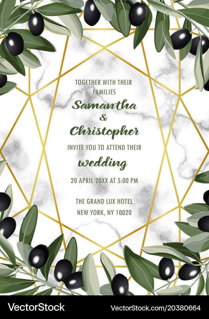 Luxus-Marmor Hochzeit Einladungskarte mit Oliven Vektorbild