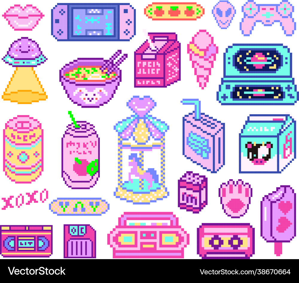Pixel art 8 bit objects retro digital game assets Vector Image