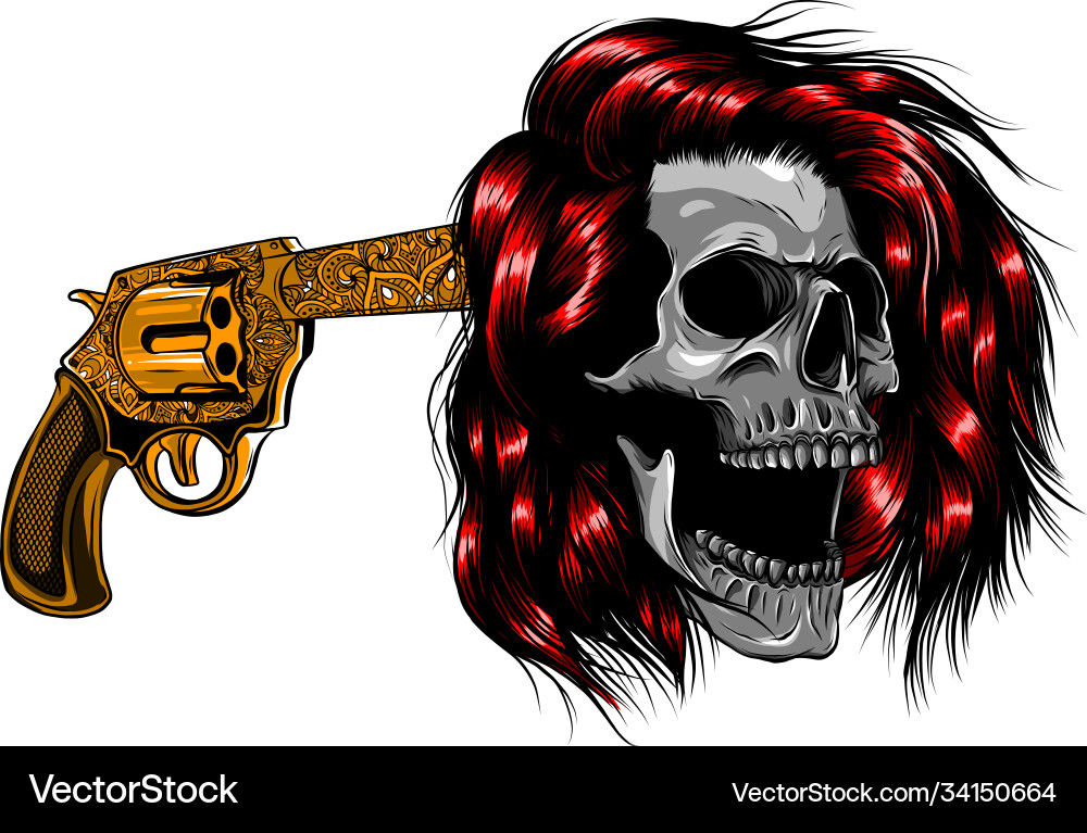 Smiling skull with revolver for tattoo design Vector Image