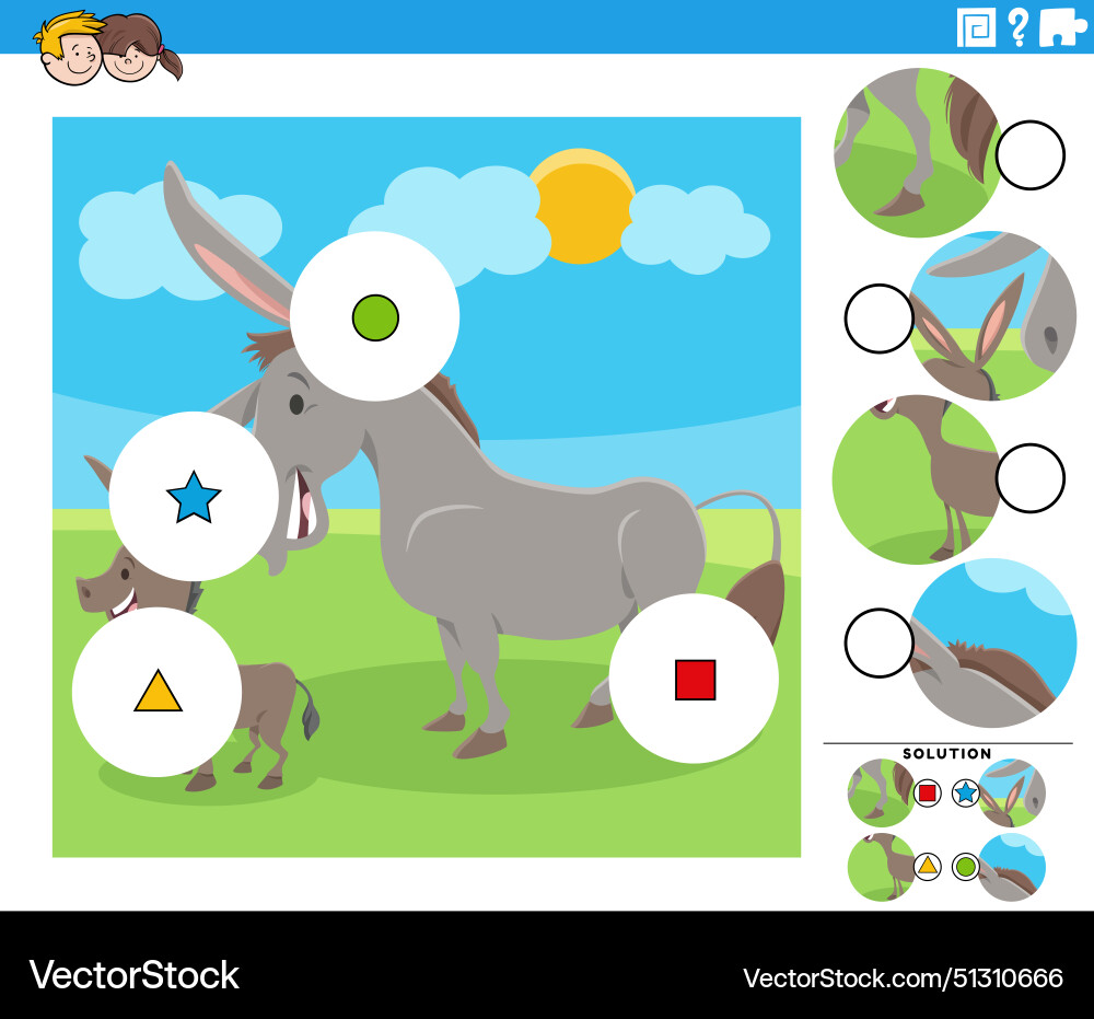 Match the pieces activity with cartoon donkey Vector Image