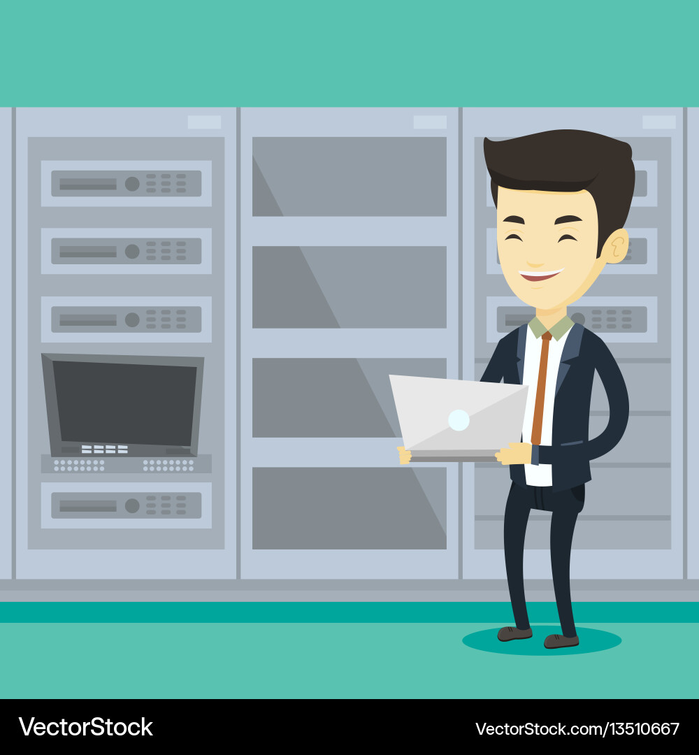 Engineer working on laptop in network server room Vector Image