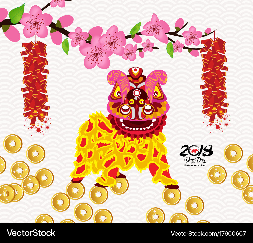 Lion dancing and chinese new year with firecracker