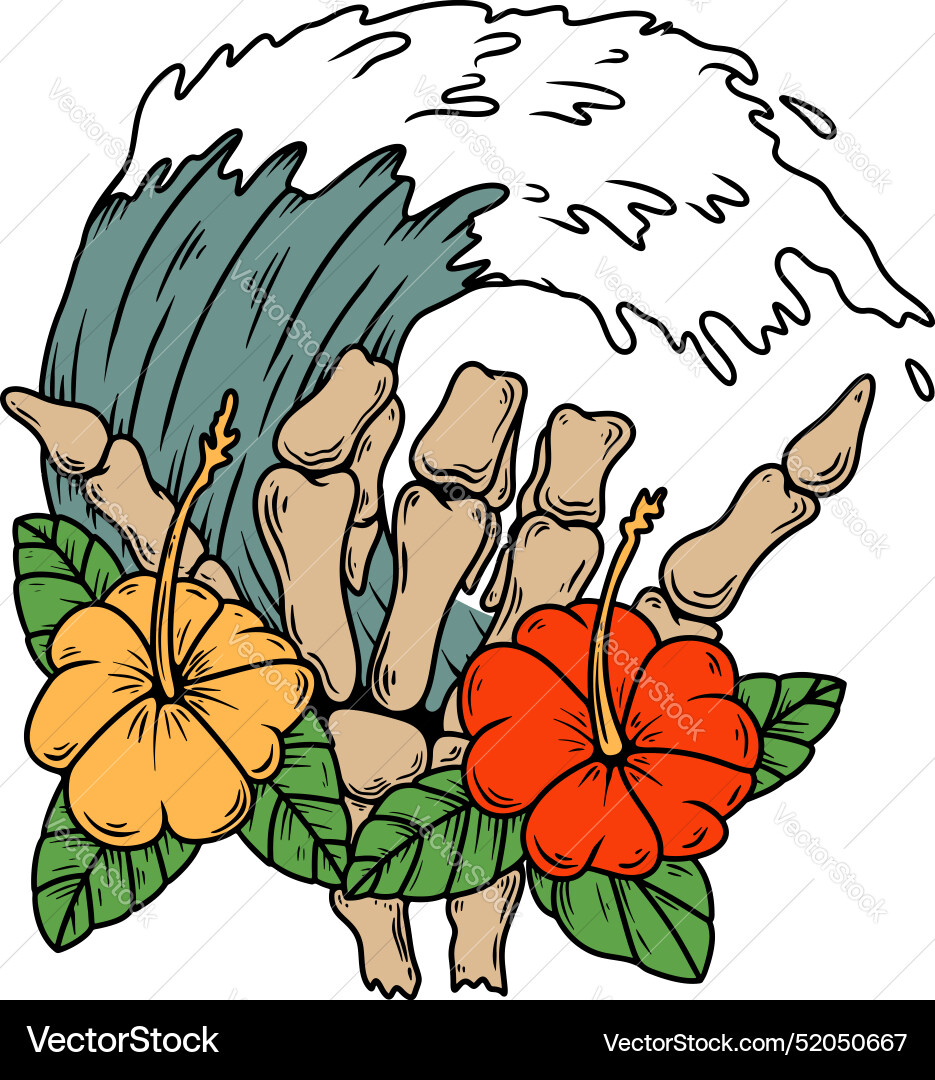 Skeleton hand with surfing wave and tropical Vector Image