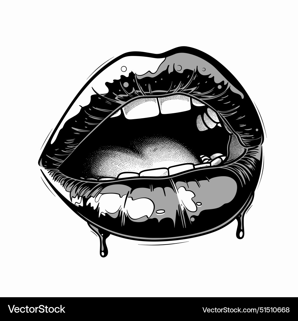 Black white graphic open mouth detailed lips teeth