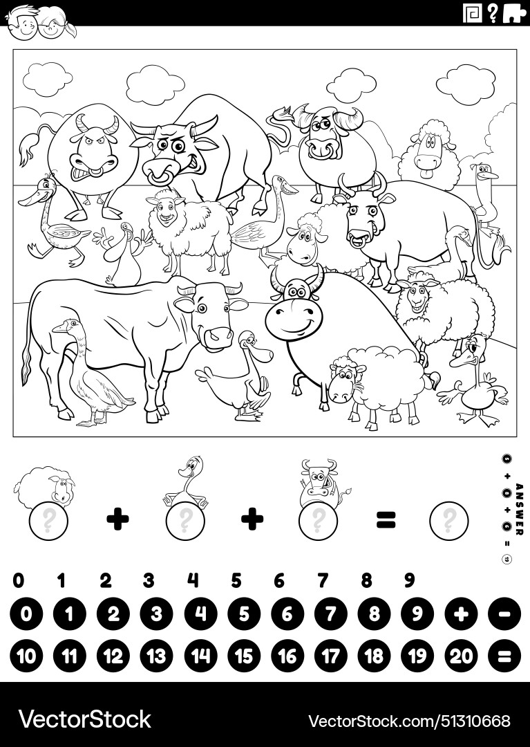 Counting and adding activity with farm animals Vector Image